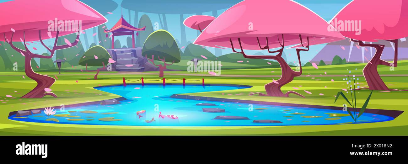 Japanese city park with pink flower sakura trees, traditional shape ...