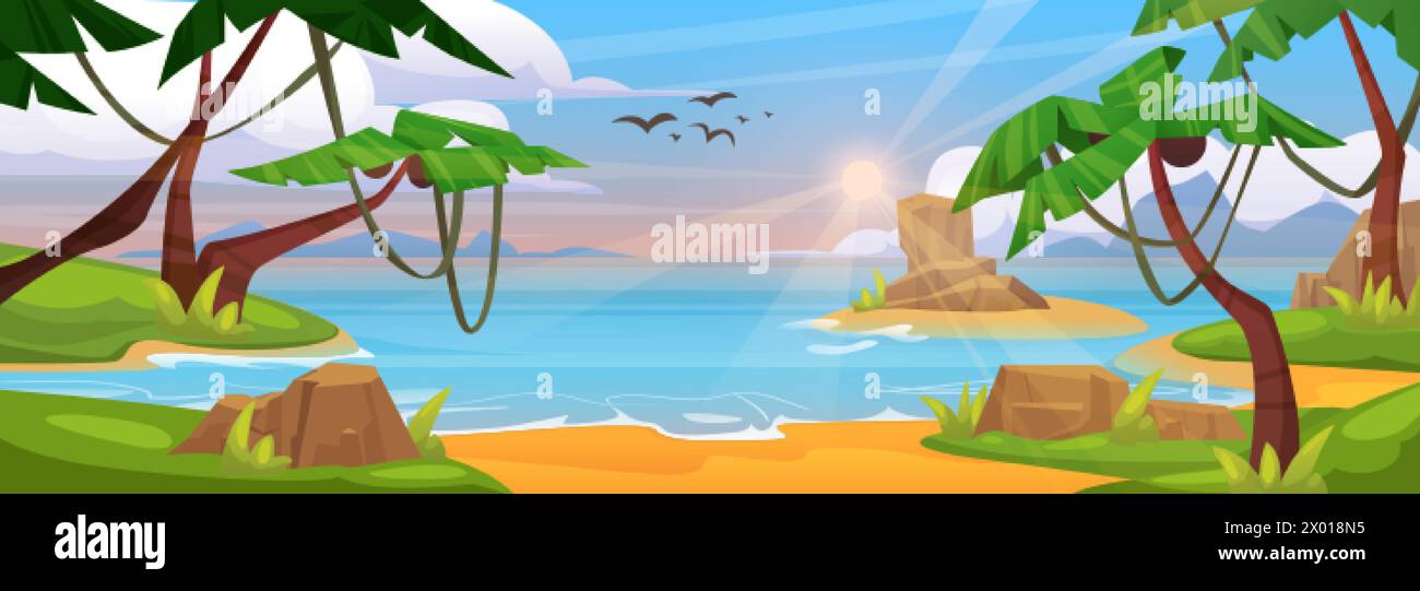 Sandy beach on summer island in sea. Vector cartoon illustration of ...