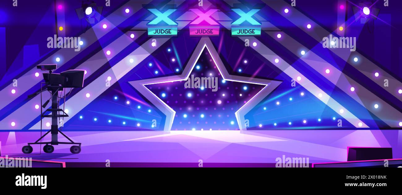 Talent show stage with camera and spotlights. Vector cartoon ...