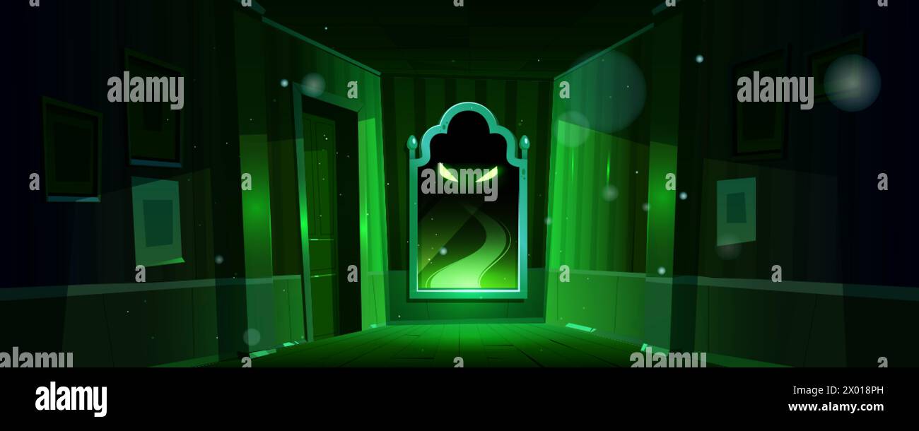 Dark corridor interior with haunted eyes in mirror. Creepy mystery ...