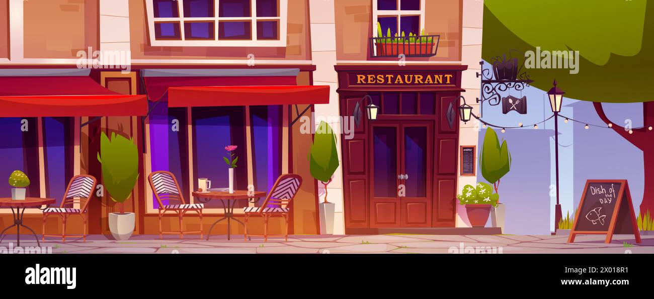 Cartoon restaurant outside eating area with coffee cup on table, chairs ...