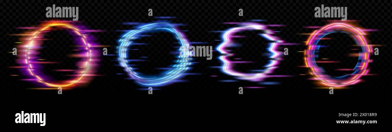 Neon glowing circle frame with glitch effect on black background ...