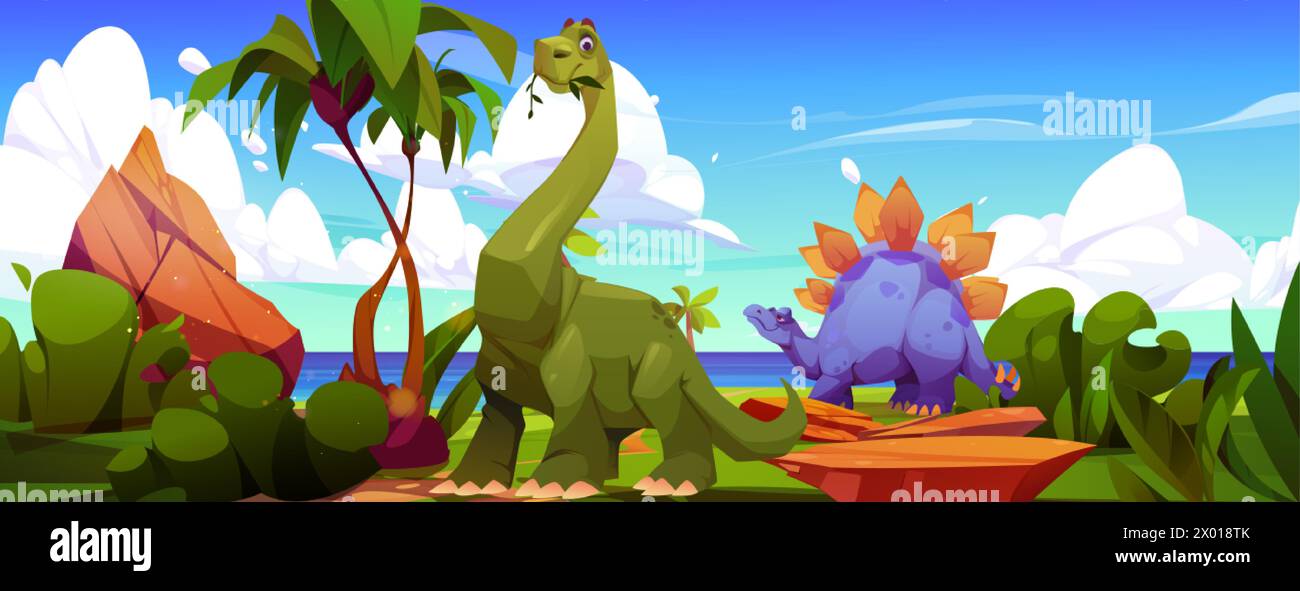 Summer island with dinosaur near sea landscape. Tropical ocean ...