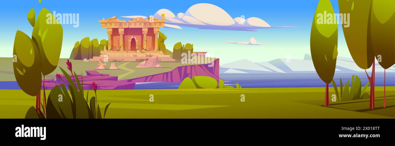 Broken abandoned ancient Greek temple with destroyed columns and stairs ...