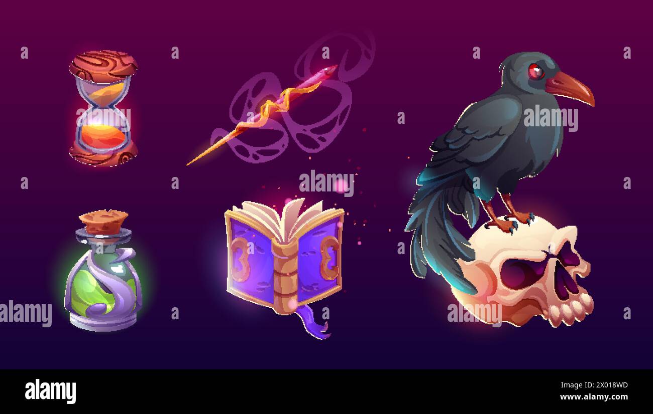 Wizard game icon with magic book ui set. Fantasy medieval halloween ...
