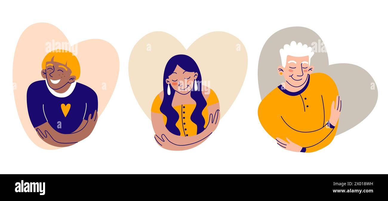 Self care concept with woman, man hug herself in frame of heart shape ...