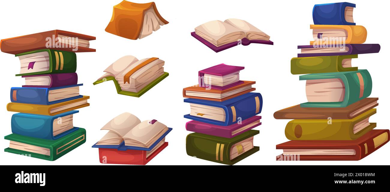 Book stack and single, closed and open in cartoon vector illustration ...