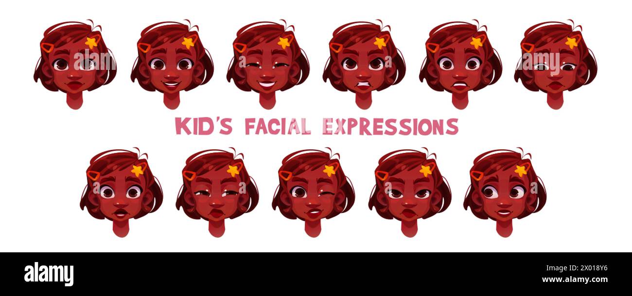 Kid girl face expression kit. Cartoon vector illustration set of ...