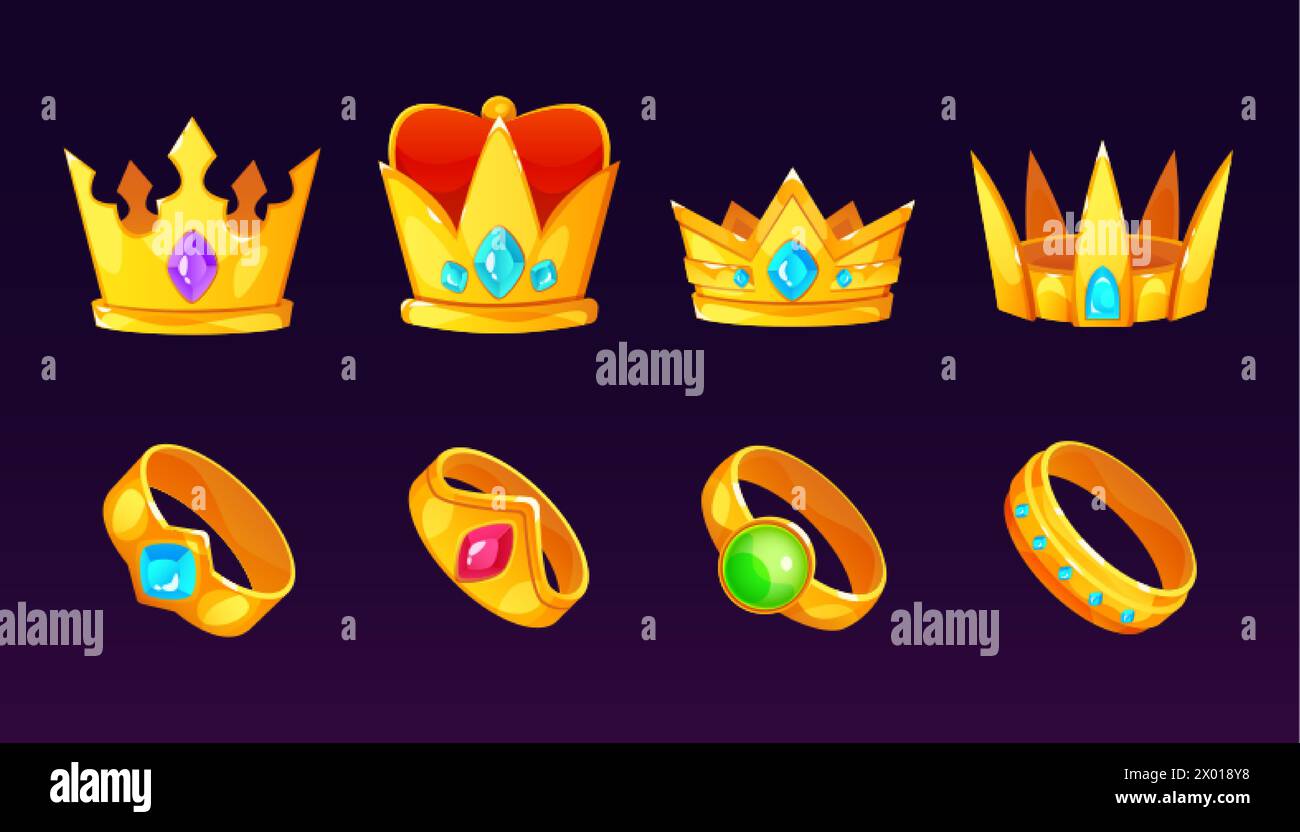 Gold king and queen crown and ring with gemstones and red pillow ...