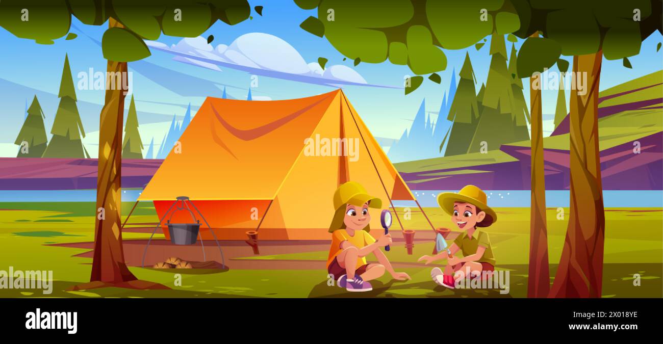 Children exploring nature in summer camp. Vector cartoon illustration ...