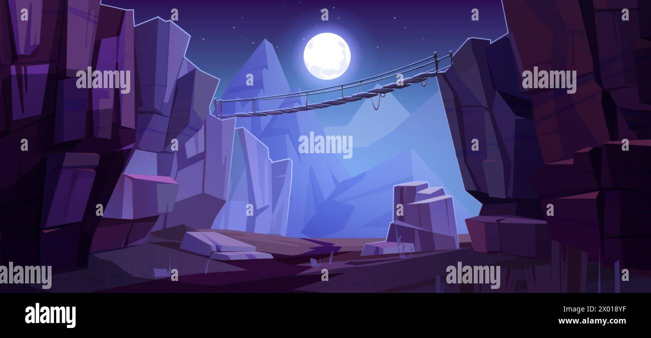 Rope bridge between cliffs in night mountains. Vector cartoon ...