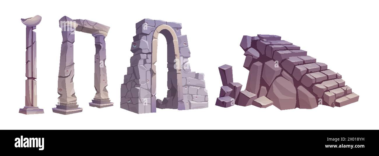 Ancient ruin vector set. Old Atlantis city temple building pillar and ...