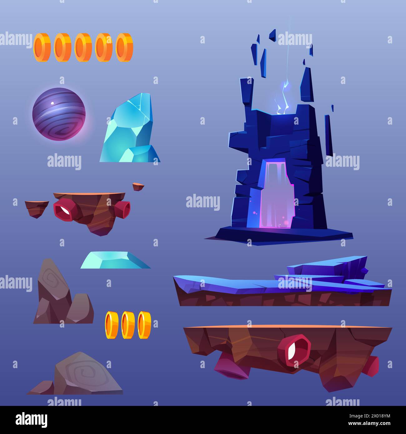 Game landscape design elements set isolated on background. Vector ...