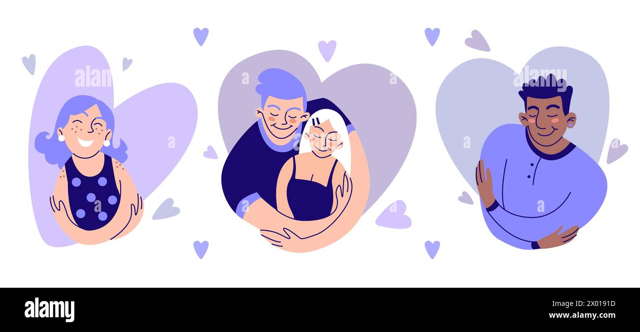 Self care concept with woman and couple hug herself in frame of heart ...