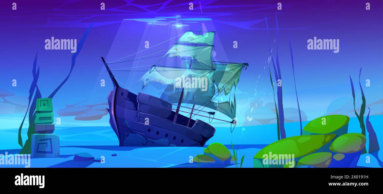Sunken wreck sailboat on sand of sea bottom with mossy stones and green ...