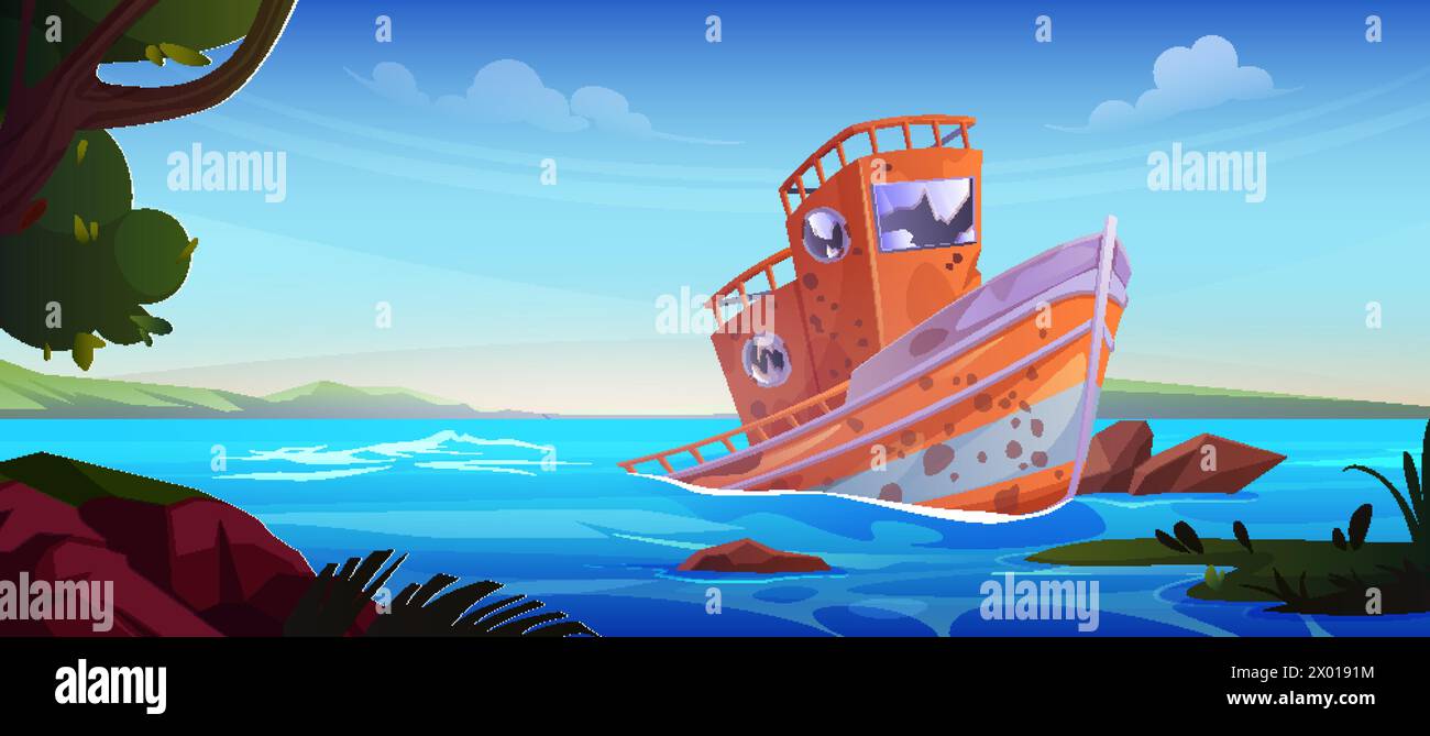 Broken abandoned fisher boat with cracks and holes aground. shipwreck ...