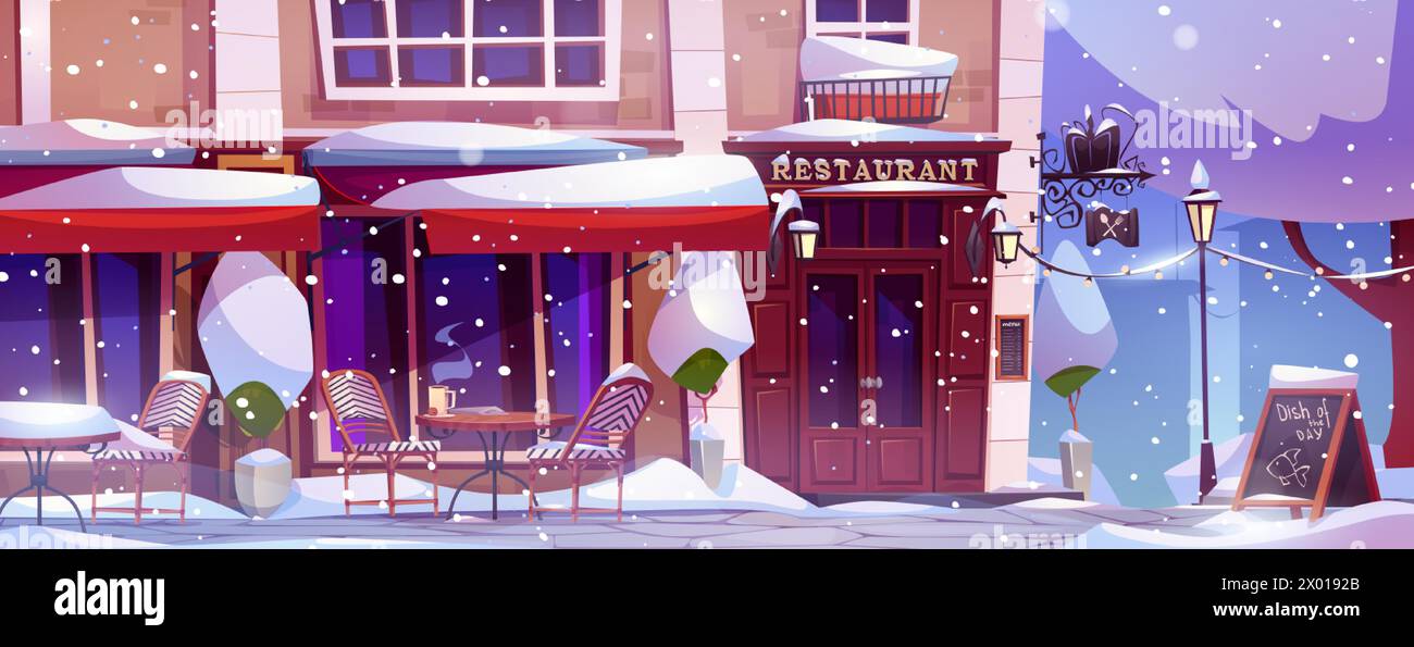 Winter city street with restaurant facade. Vector cartoon illustration ...