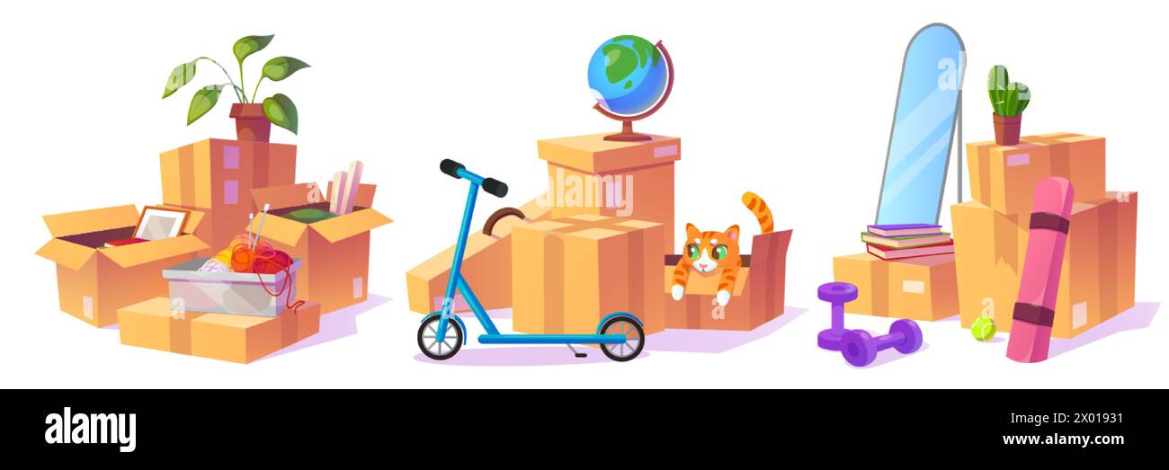 Box with house stuff for move to new home and relocation concept ...