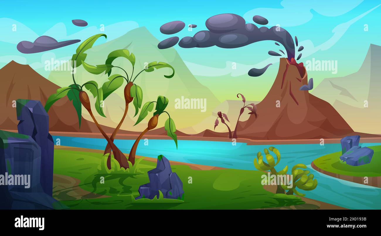 Volcano eruption landscape. Vector cartoon illustration of rocky ...