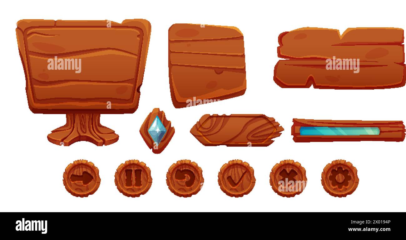 Wood ui cartoon board and button interface design. Wooden plank frame ...