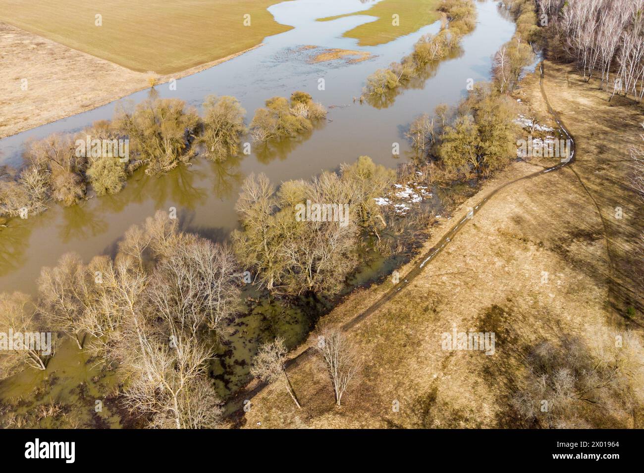 Aerial view of the river and floodplain during spring flood Stock Photo ...