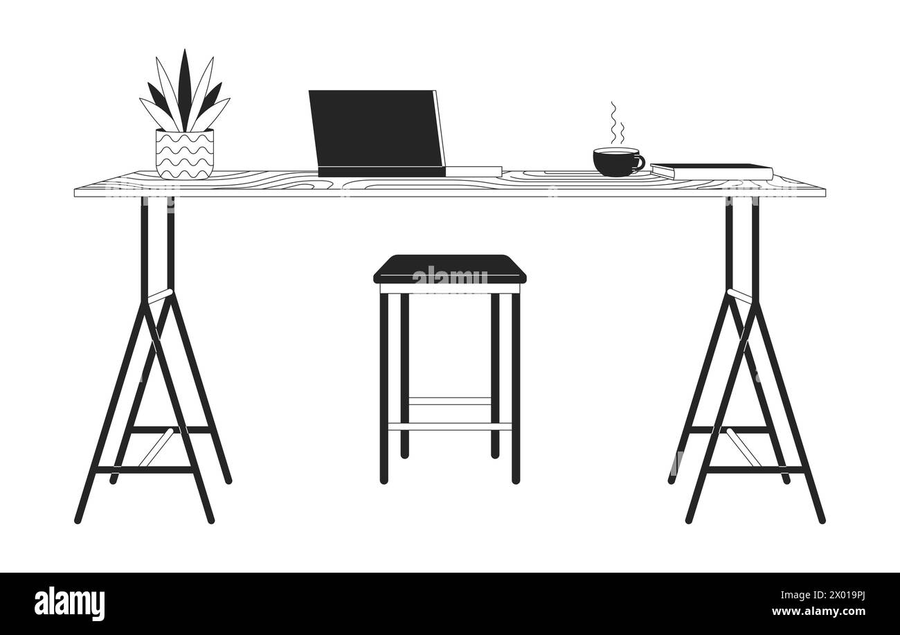 Laptop and coffee on counter table 2D linear cartoon objects Stock ...