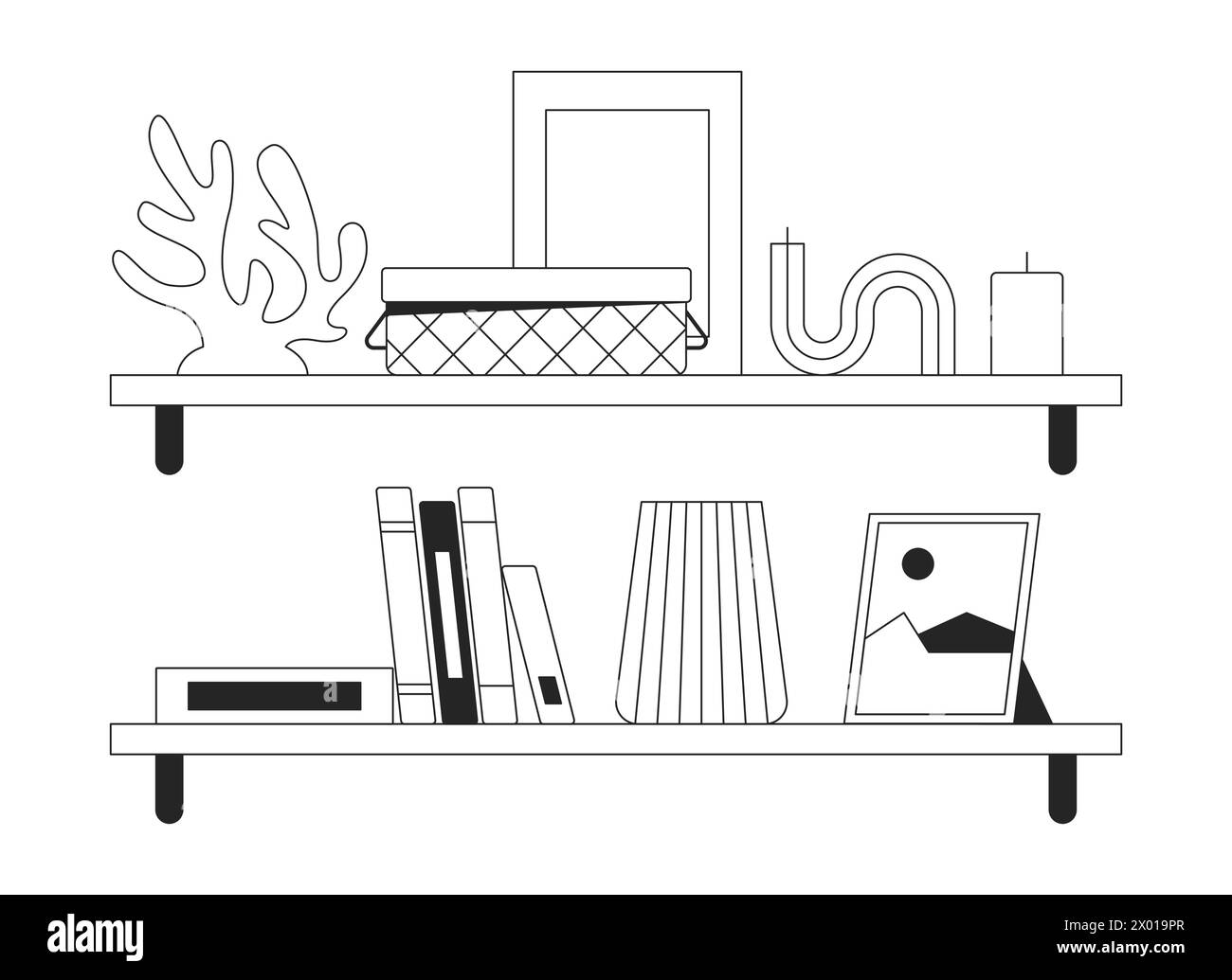 Shelves with cute domestic accessories black and white 2D line cartoon ...