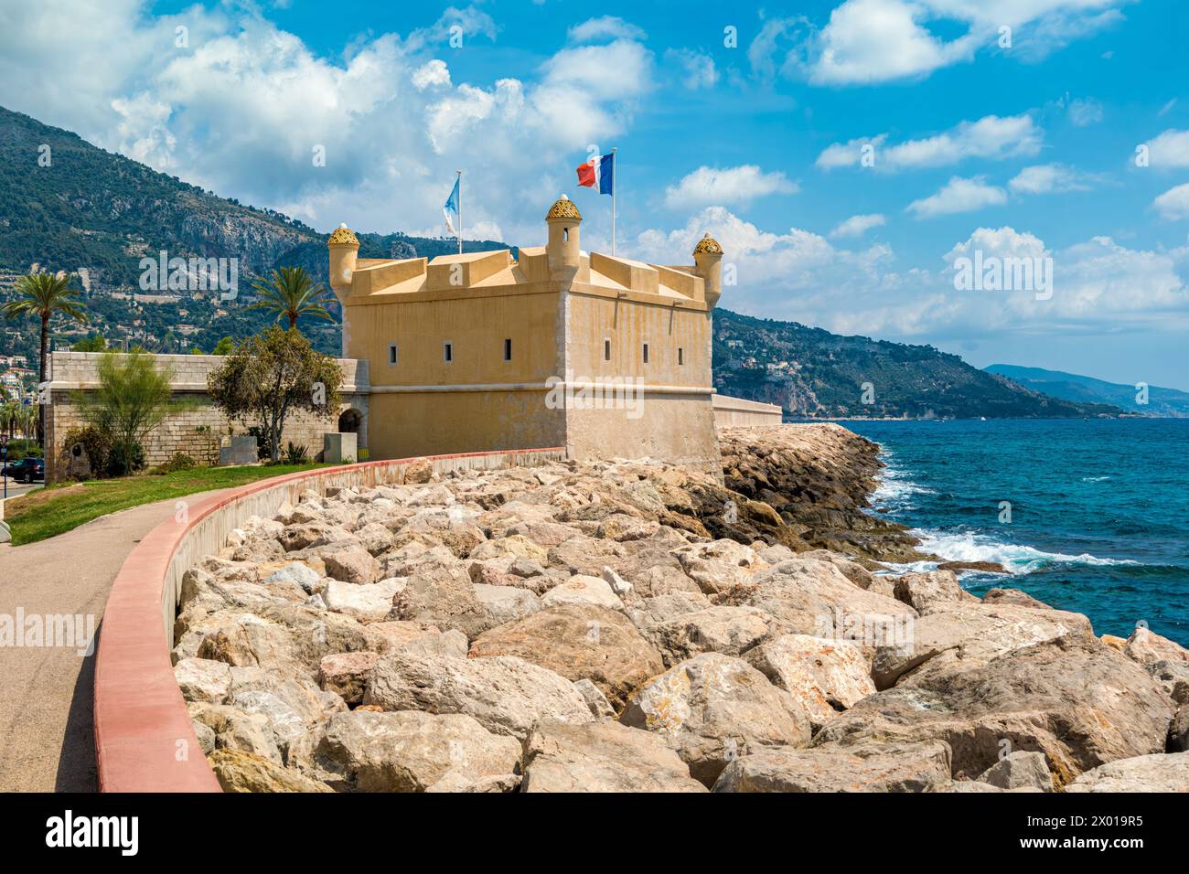 View of the old citadel and Mediterranean sea under blue sky with white ...