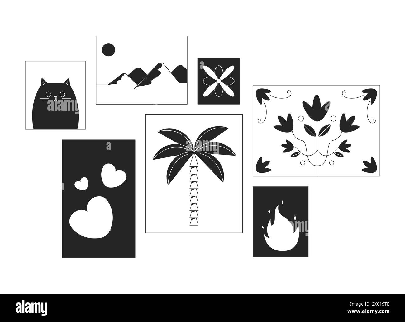 Decorative paintings hanging black and white 2D line cartoon objects ...