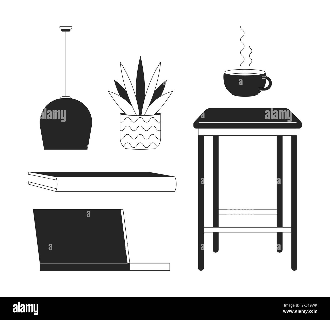 Home workplace interior details black and white 2D line cartoon objects ...