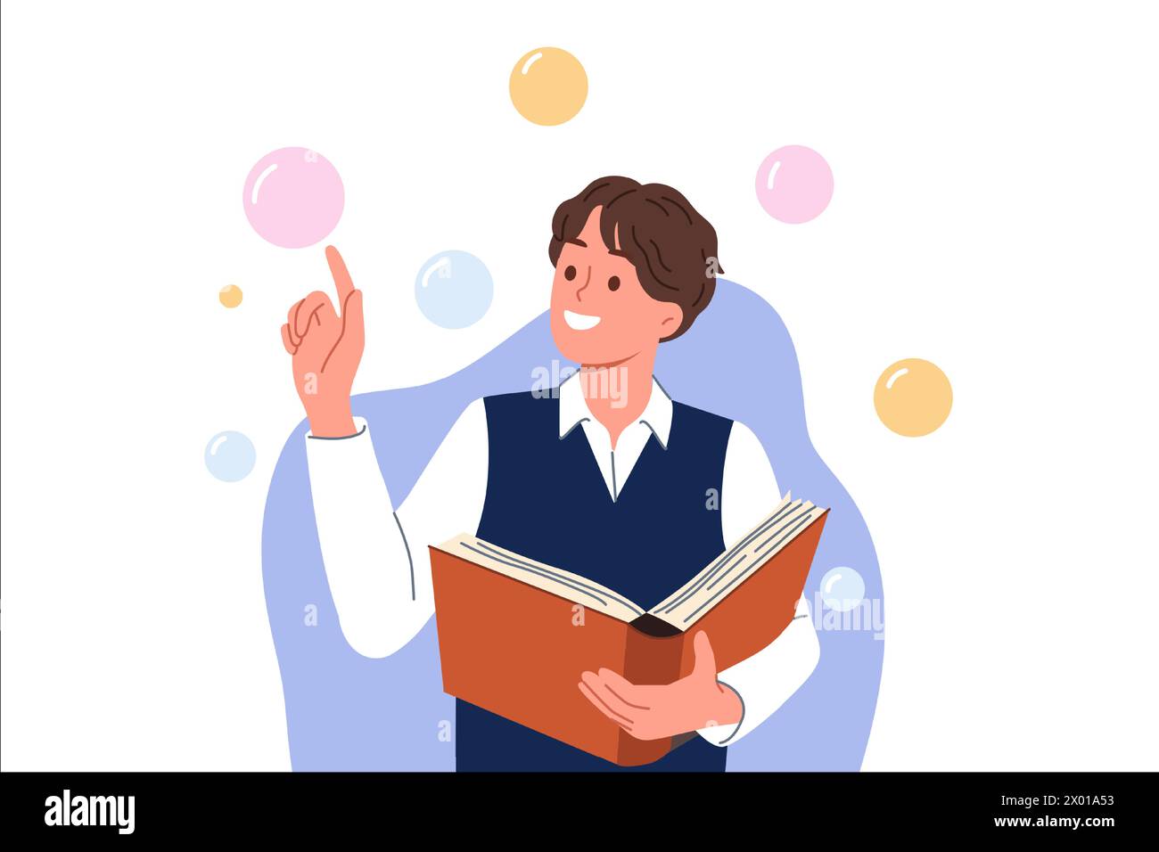 Guy student with book in hands reads science fiction literature and ...