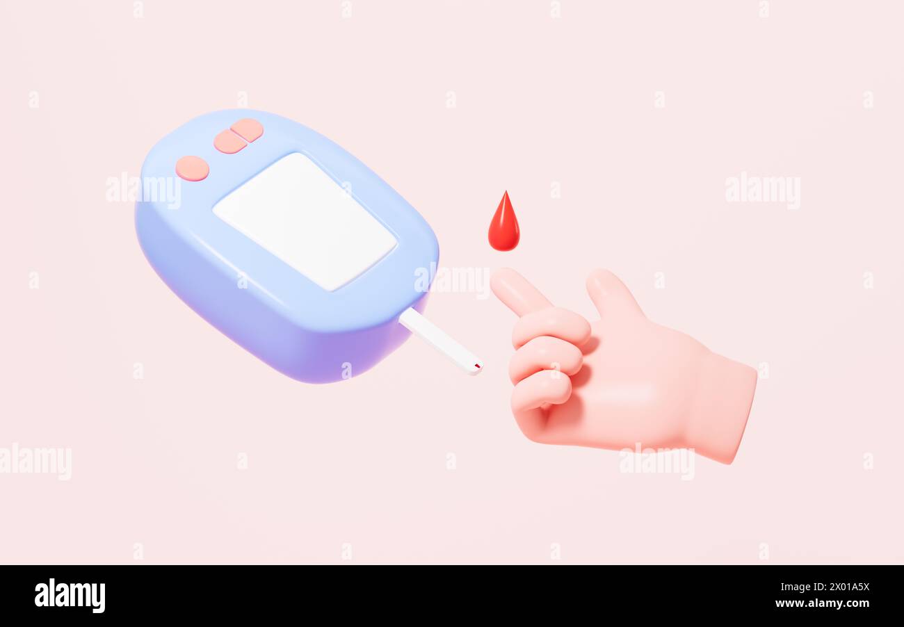 Cartoon glucometer and fingertip blood collection, 3d rendering. 3d ...