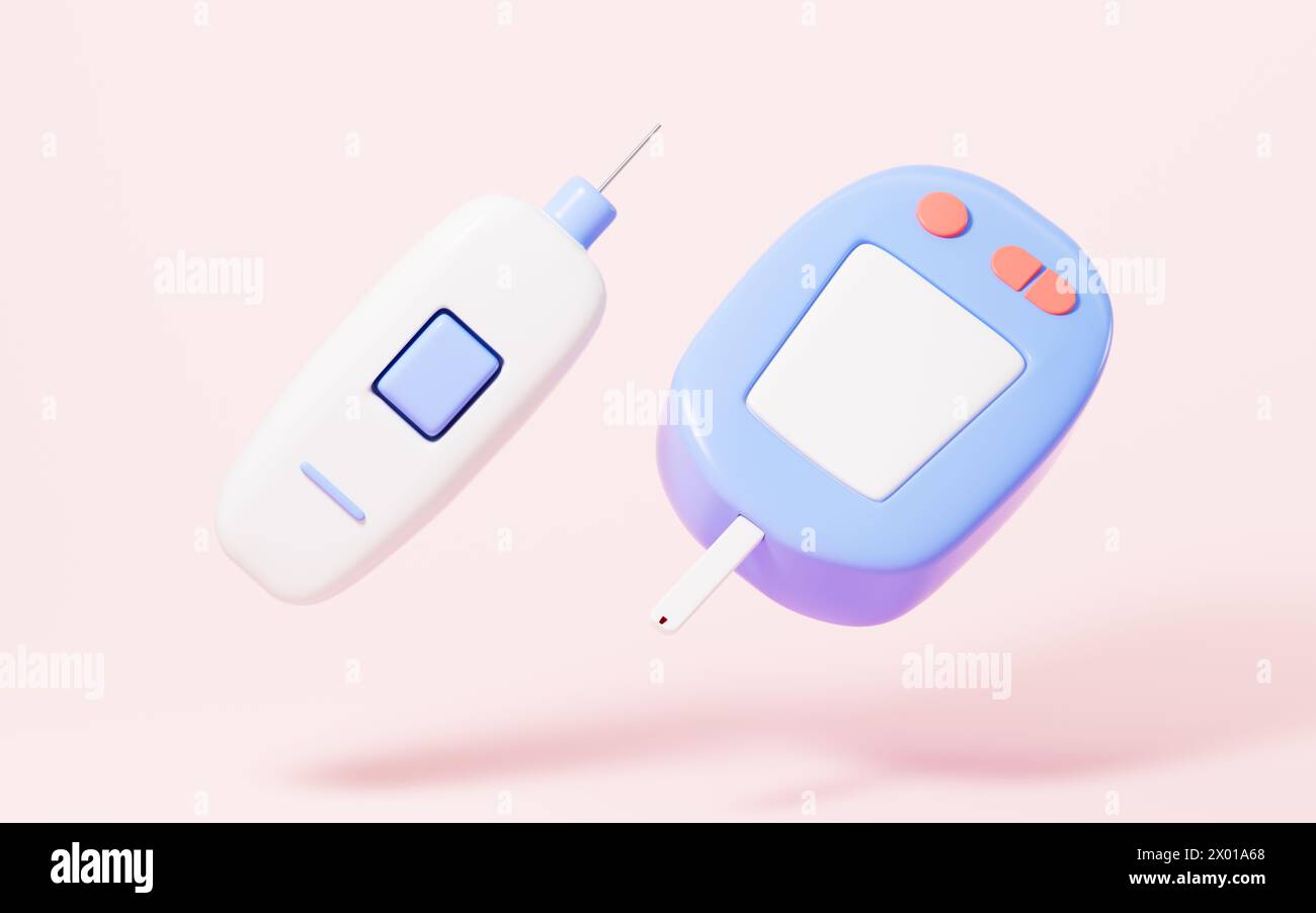 Cartoon glucometer and insulin pen injection, 3d rendering. 3d ...