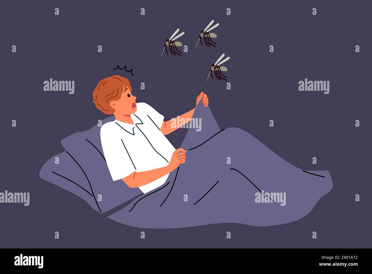Mosquitoes will attack sleeping man lying in bed, and horrified by ...