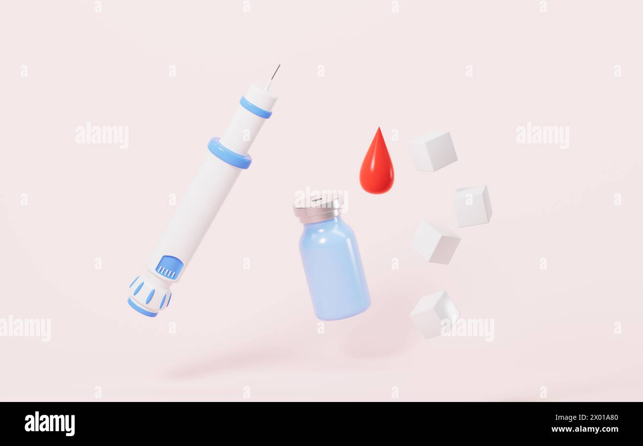 Cartoon insulin pen injection and blood glucose, 3d rendering. 3d ...