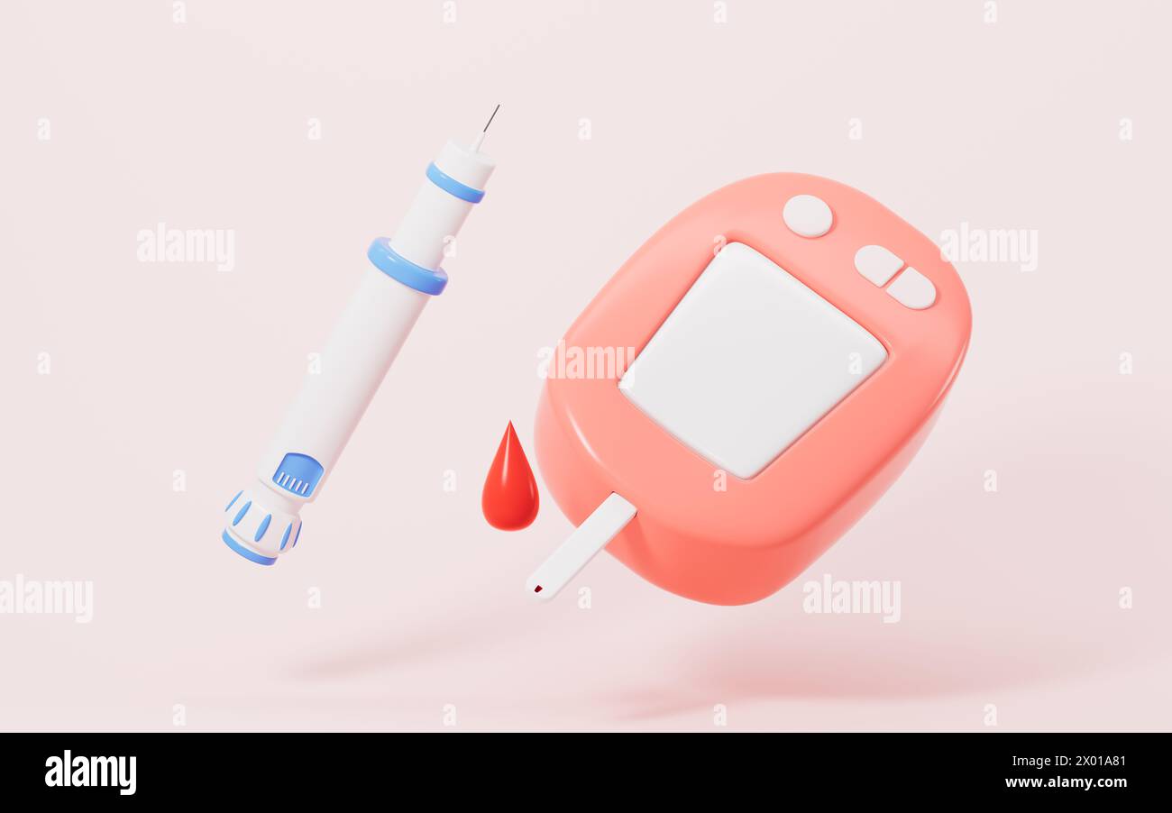 Cartoon glucometer and insulin pen injection, 3d rendering. 3d ...