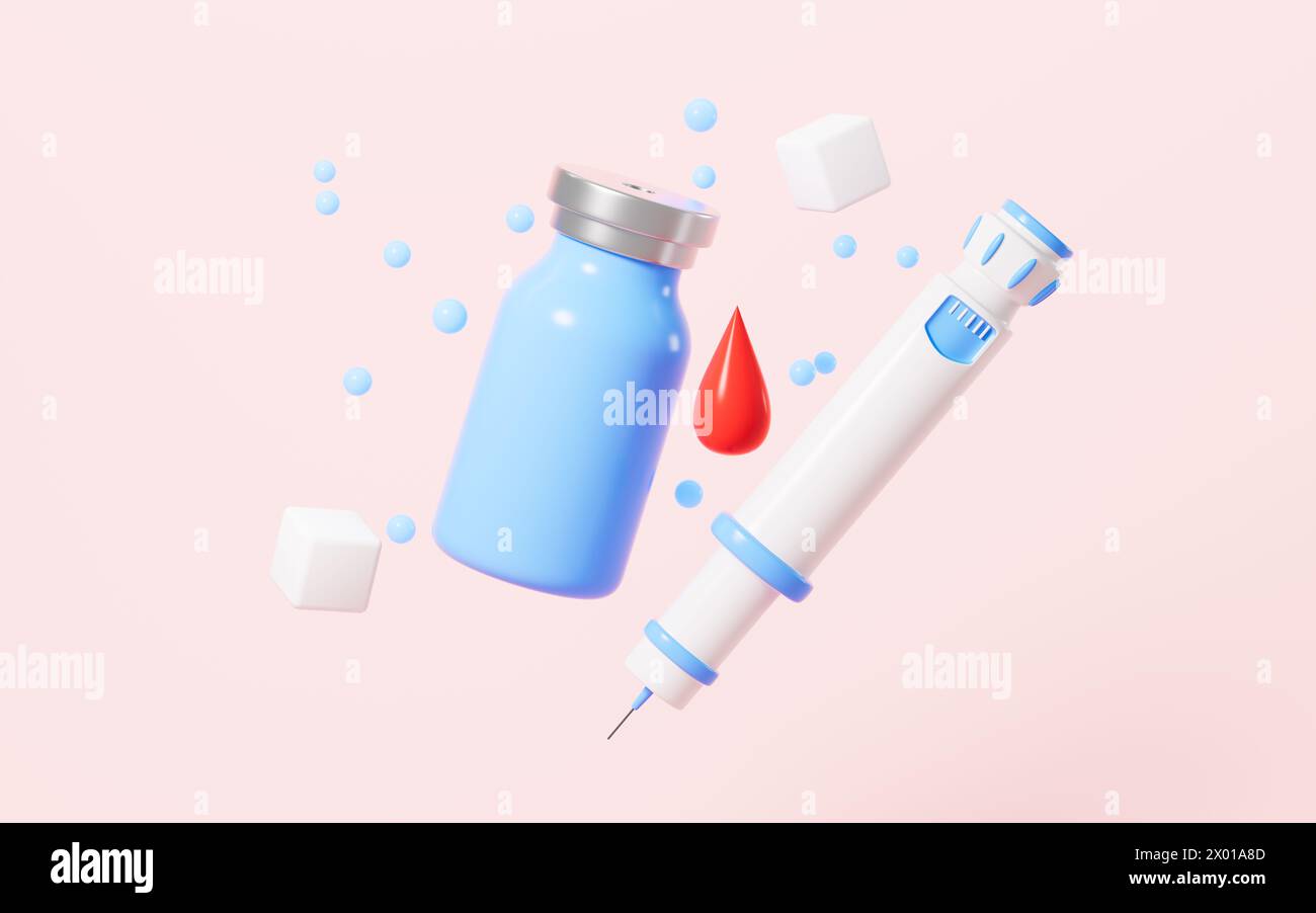 Cartoon insulin pen injection and blood glucose, 3d rendering. 3d ...