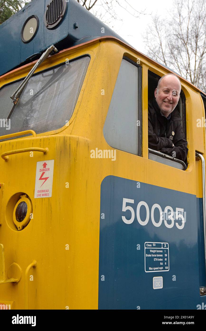 Jonathan "Gus" Dunster, Managing Director of the Severn Valley Railway in a Class 50 diesel loco ...