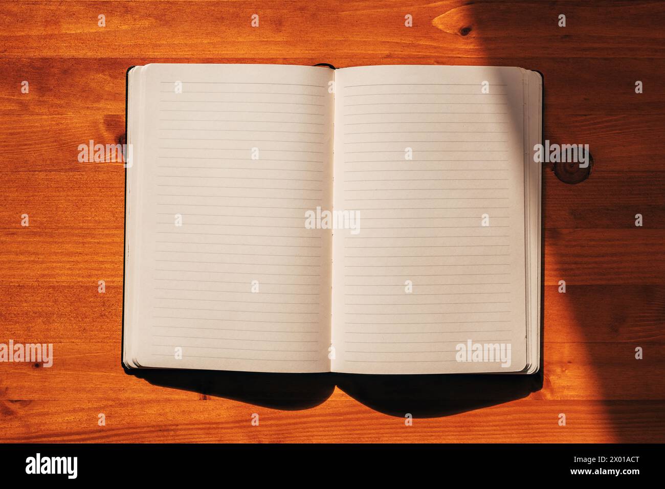 Top view of open notebook with blank pages with lines, mockup copy ...