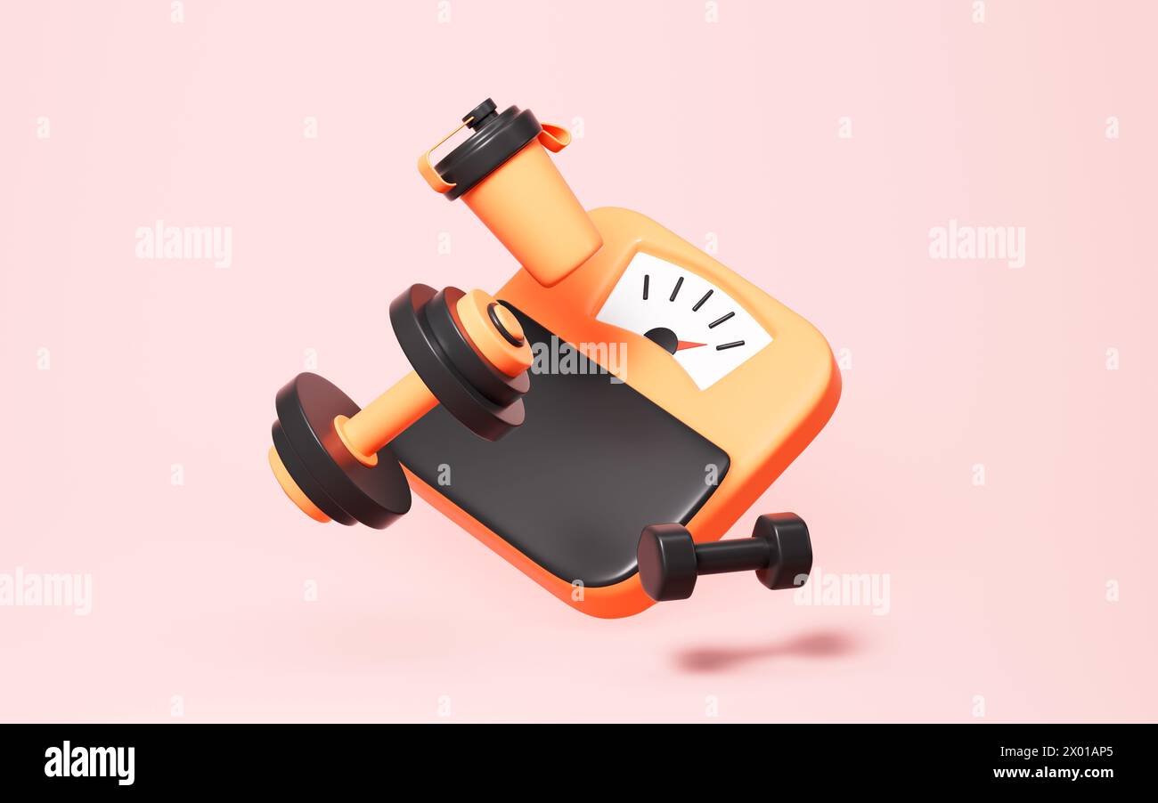 Cartoon weight scale, sport cup and dumbbells, health and exercise ...