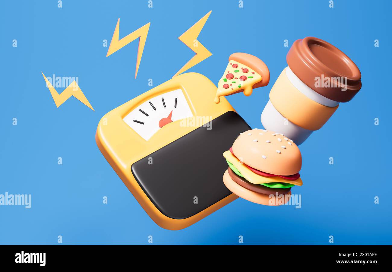 Cartoon weight scale, hamburger, pizza and coffee in the blue ...