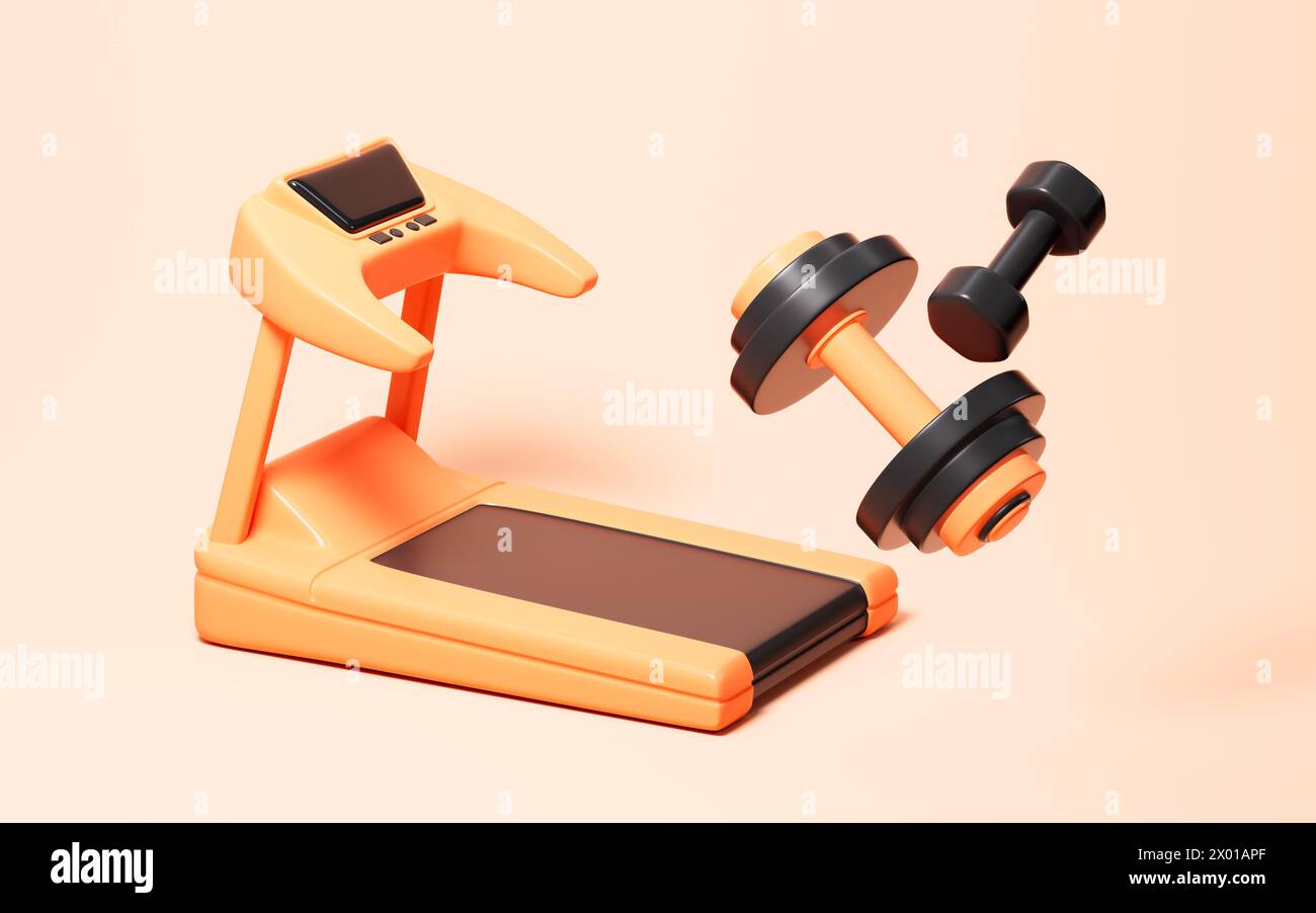Cartoon treadmill and dumbbell in the yellow background, 3d rendering ...
