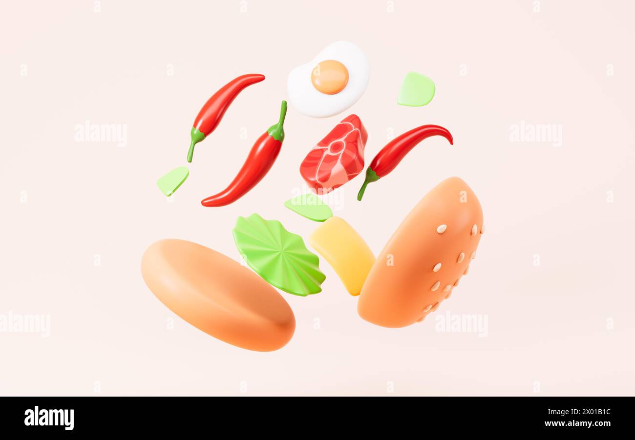 Cartoon chilies and meat burger, 3d rendering. 3d illustration Stock ...