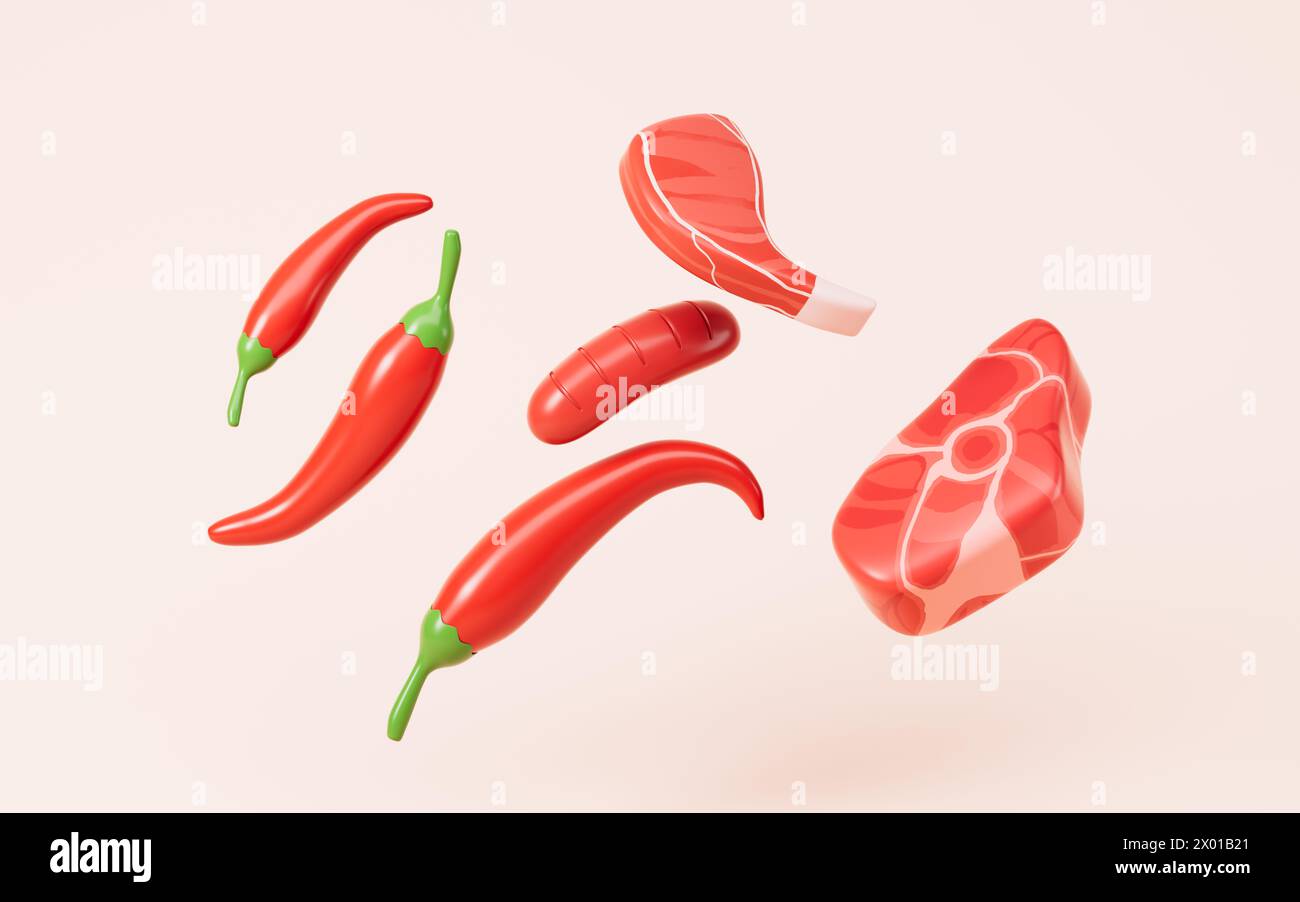 Cartoon meat and chilies, barbecue concept, 3d rendering. 3d ...
