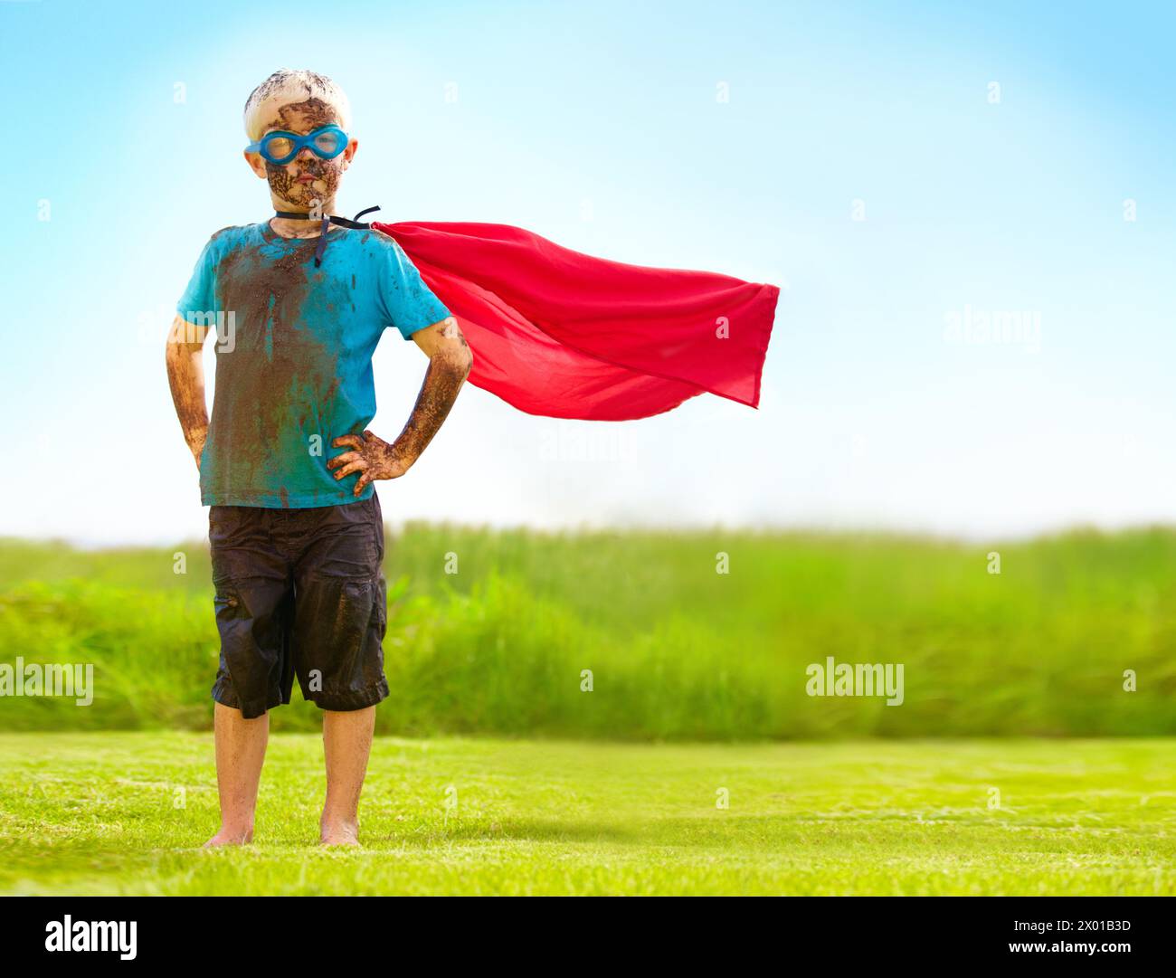 Portrait, confident and superhero kid outdoor with wind on cape ...