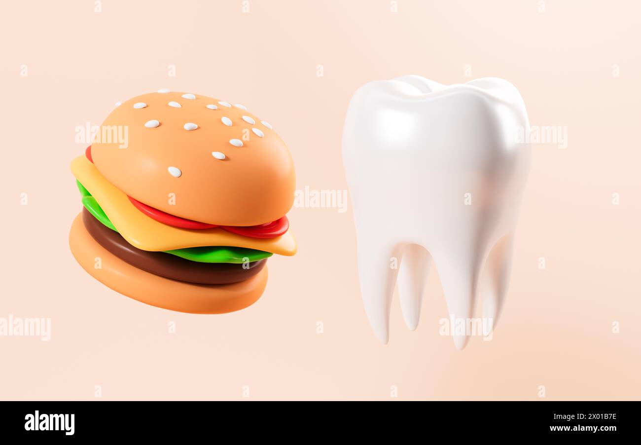 Cartoon tooth and hamburger, concept of diet and oral hygiene, 3d ...