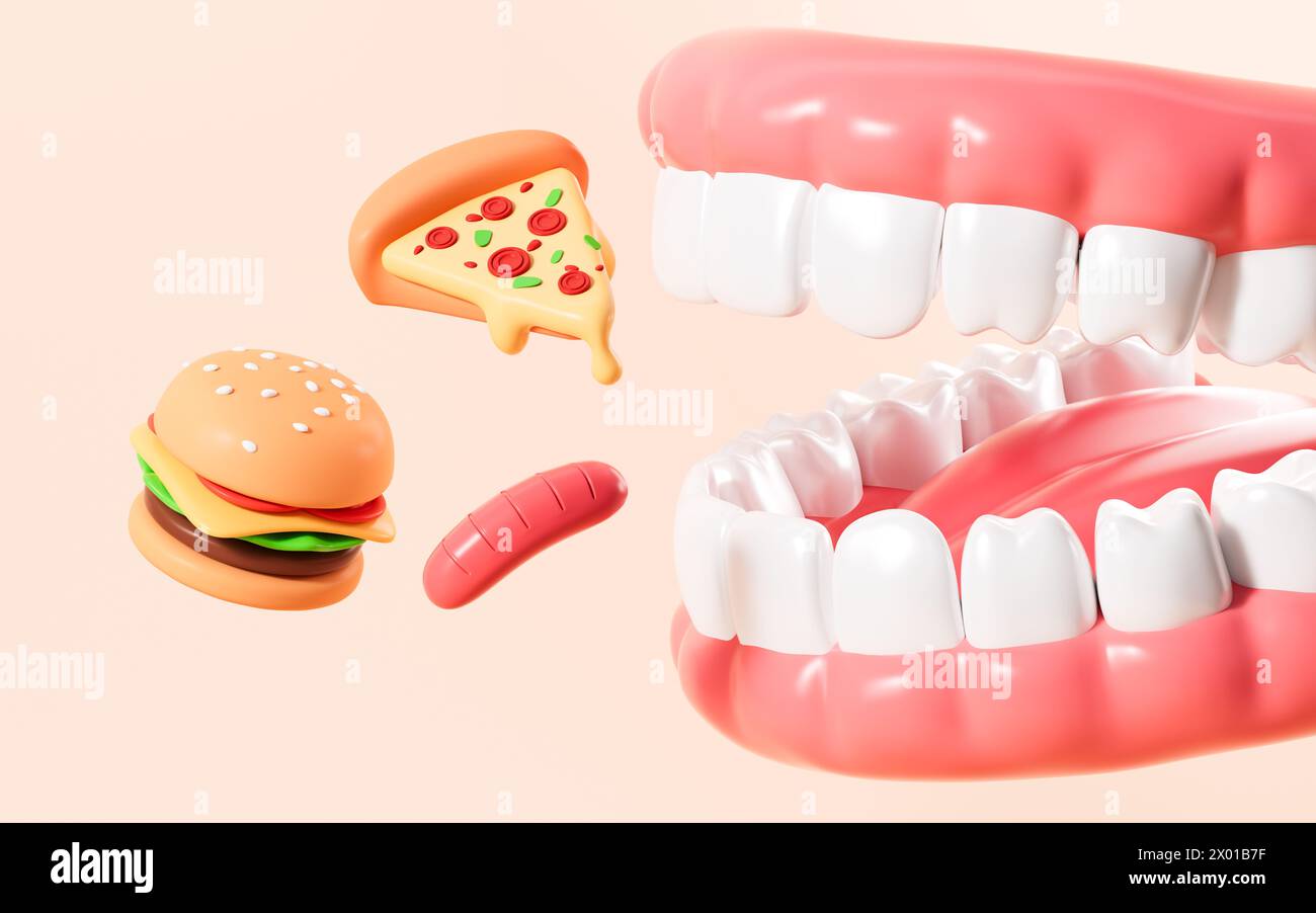 Cartoon tooth and hamburger, concept of diet and oral hygiene, 3d ...