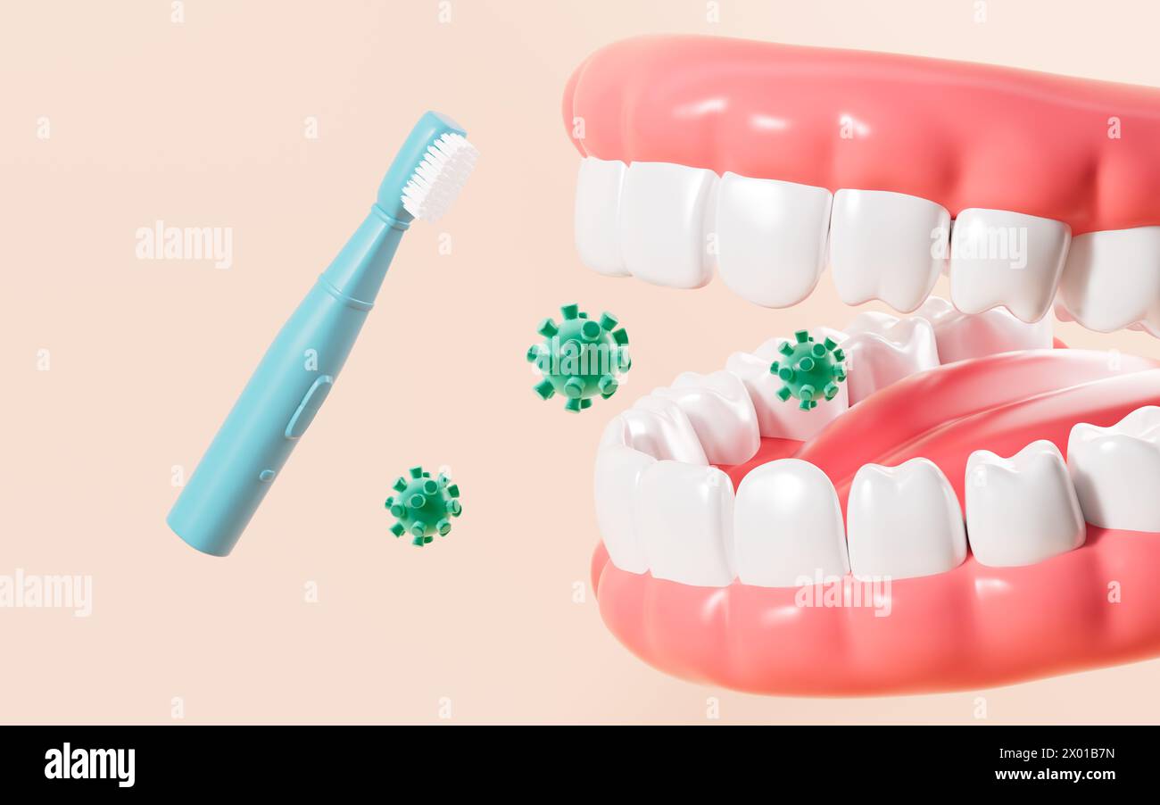 Clean your teeth with a toothbrush, dental hygiene concept, 3d ...