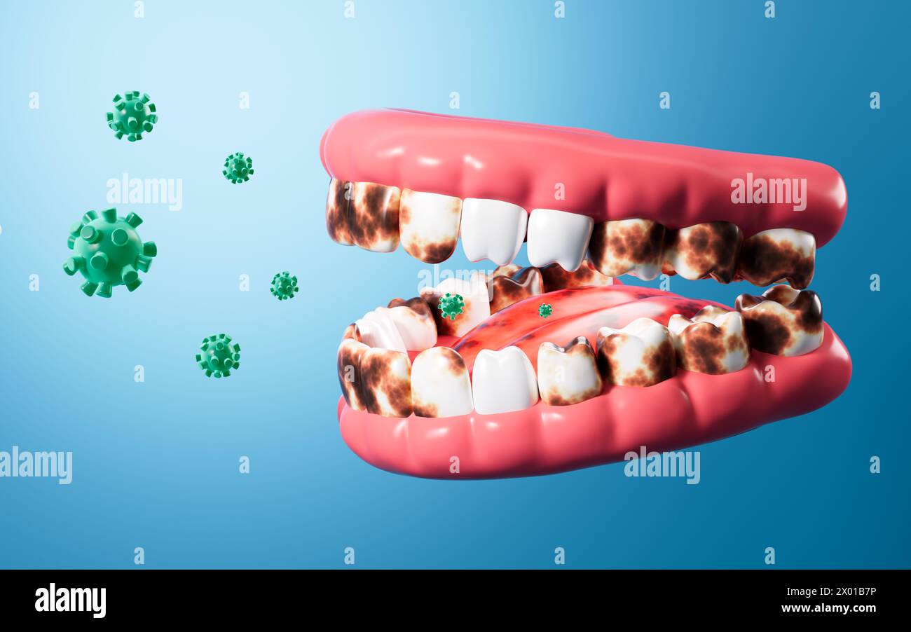 Human tooth and virus, bad breath, oral hygiene, 3d rendering. 3d ...