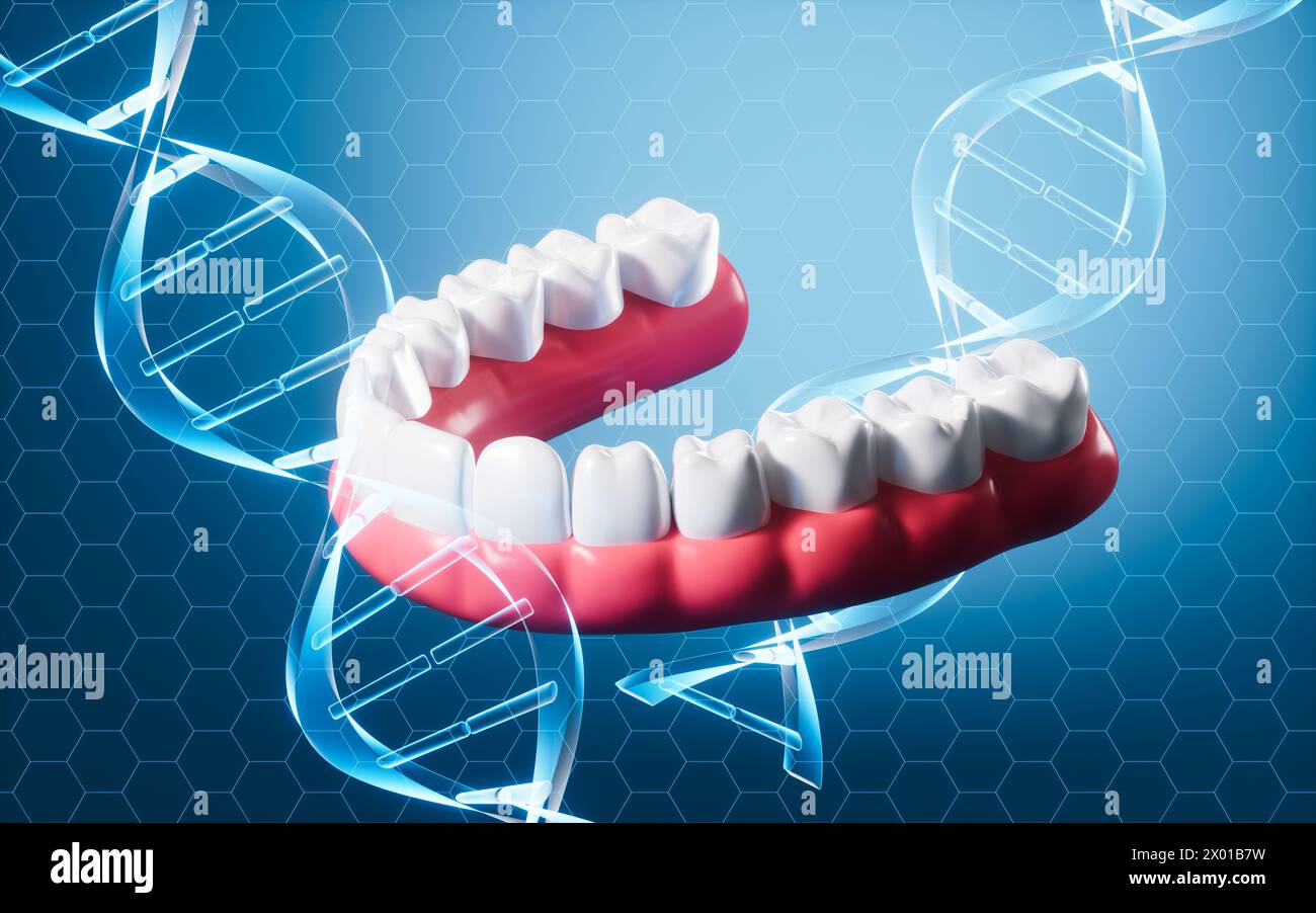 Human tooth model with DNA background, 3d rendering. 3d illustration ...